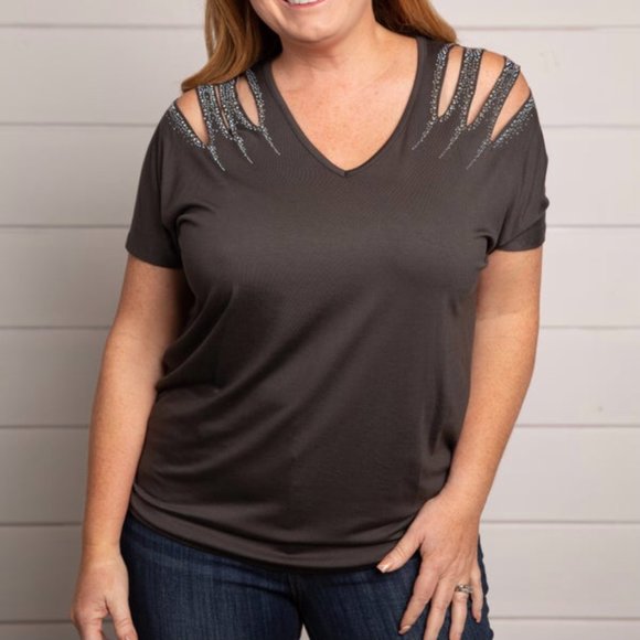 Vocal | Tops | Vocal Laser Cut Stone Shoulder Top | Poshmark